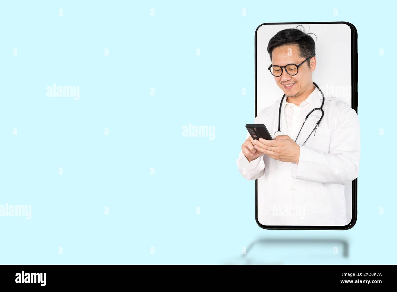A doctor is looking at his cell phone. The image is a projection of a ...