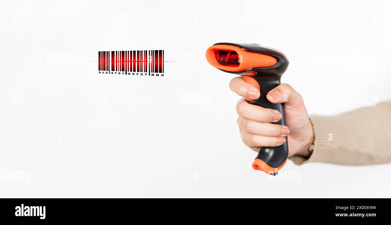 A person is holding a barcode scanner and the barcode is red. Concept ...