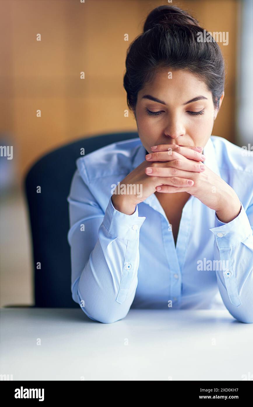 Stress, anxiety and business woman in office with worry for problem ...