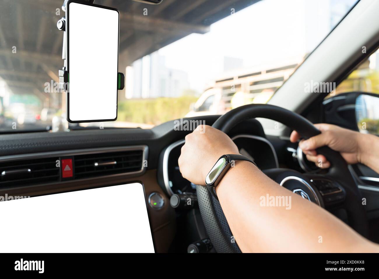 Smartphone in a car use for Navigate or GPS. Driving a car with ...