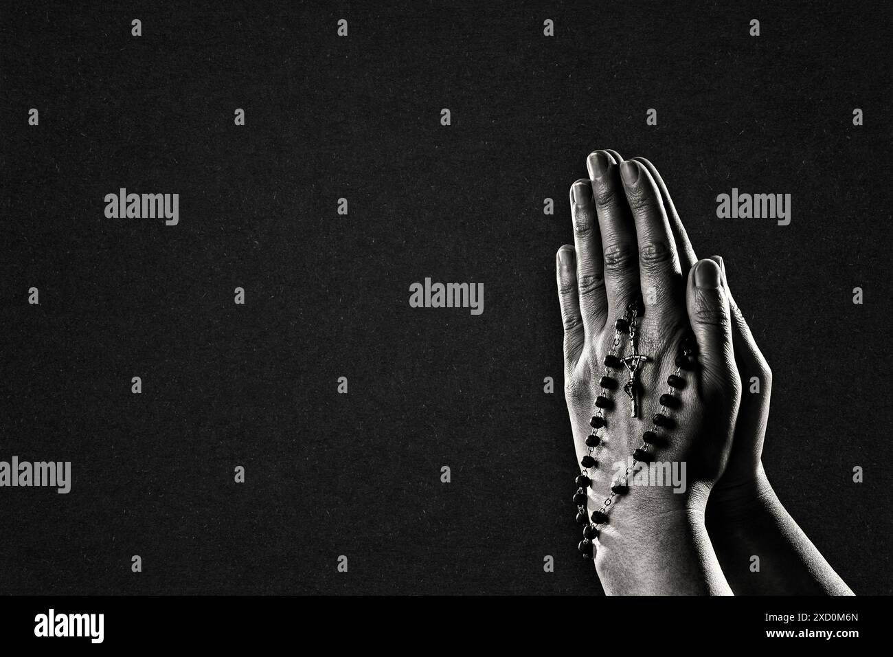 Human Hands in Black and White. Praying with a Rosary, Background with Copy Space Stock Photo ...