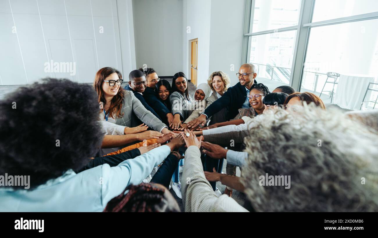 A diverse group of professionals collaborates and works together in a ...