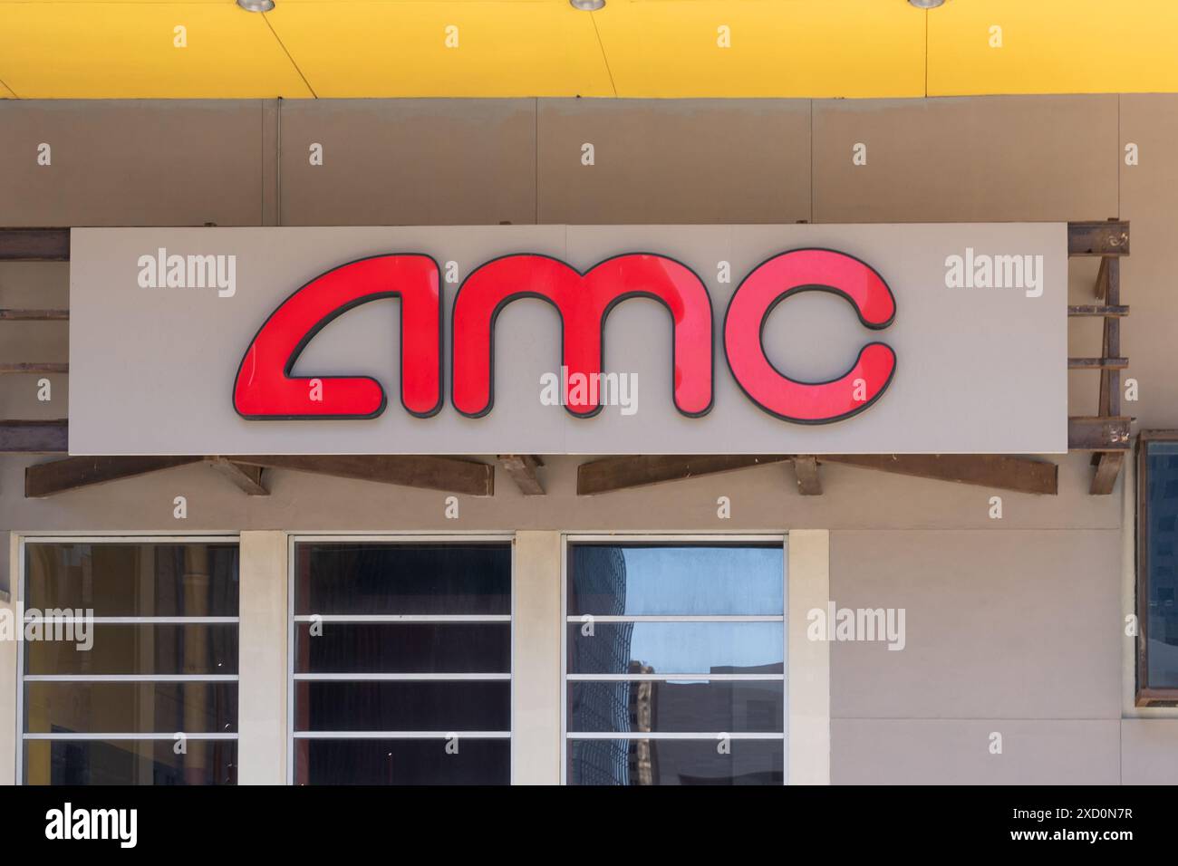 Houston, Texas, USA - March 13, 2022: Close up of AMC logo sign on the ...