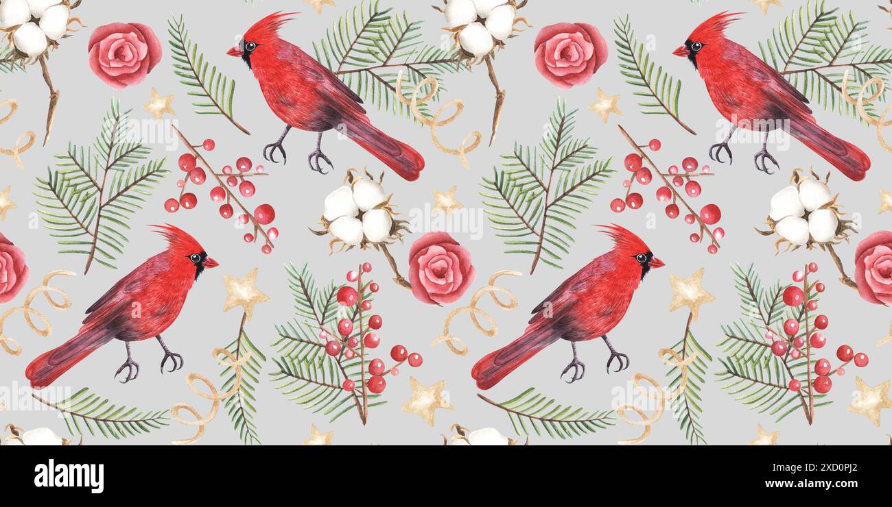 Seamless pattern. Cardinal bird and thuja twigs, cotton watercolor ...