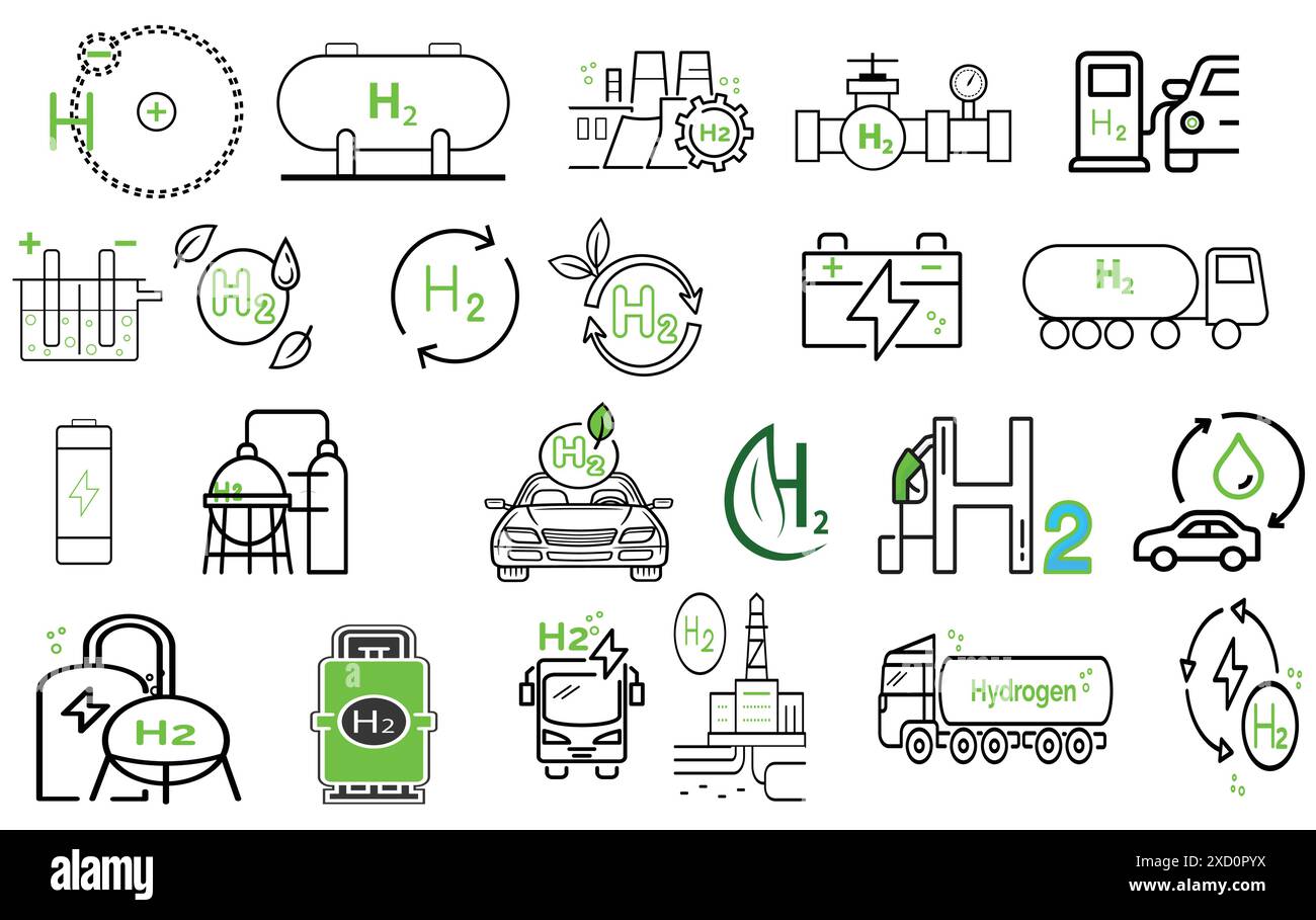 Green hydrogen fuel production icons set. water electrolysis, fuel tank, pipeline, hydrogen ...