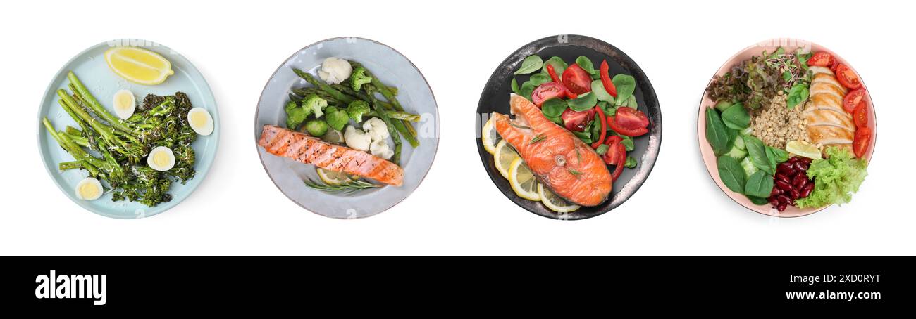Set of different healthy meals on white background, top view Stock ...