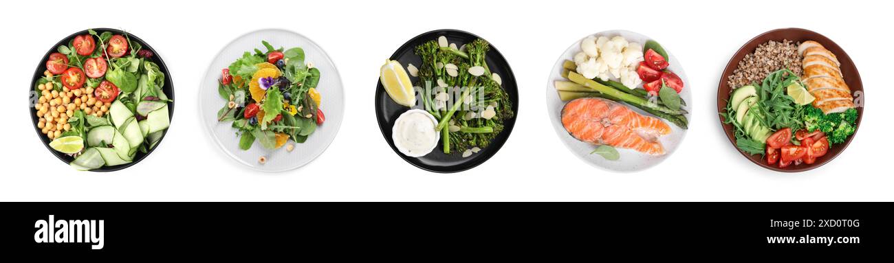 Set of different healthy meals on white background, top view Stock ...