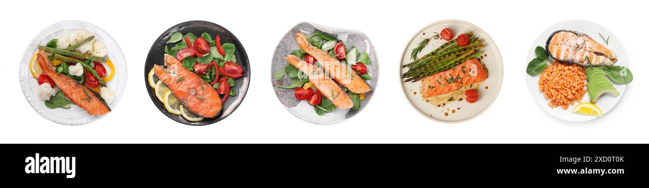 Set of different healthy meals on white background, top view Stock ...