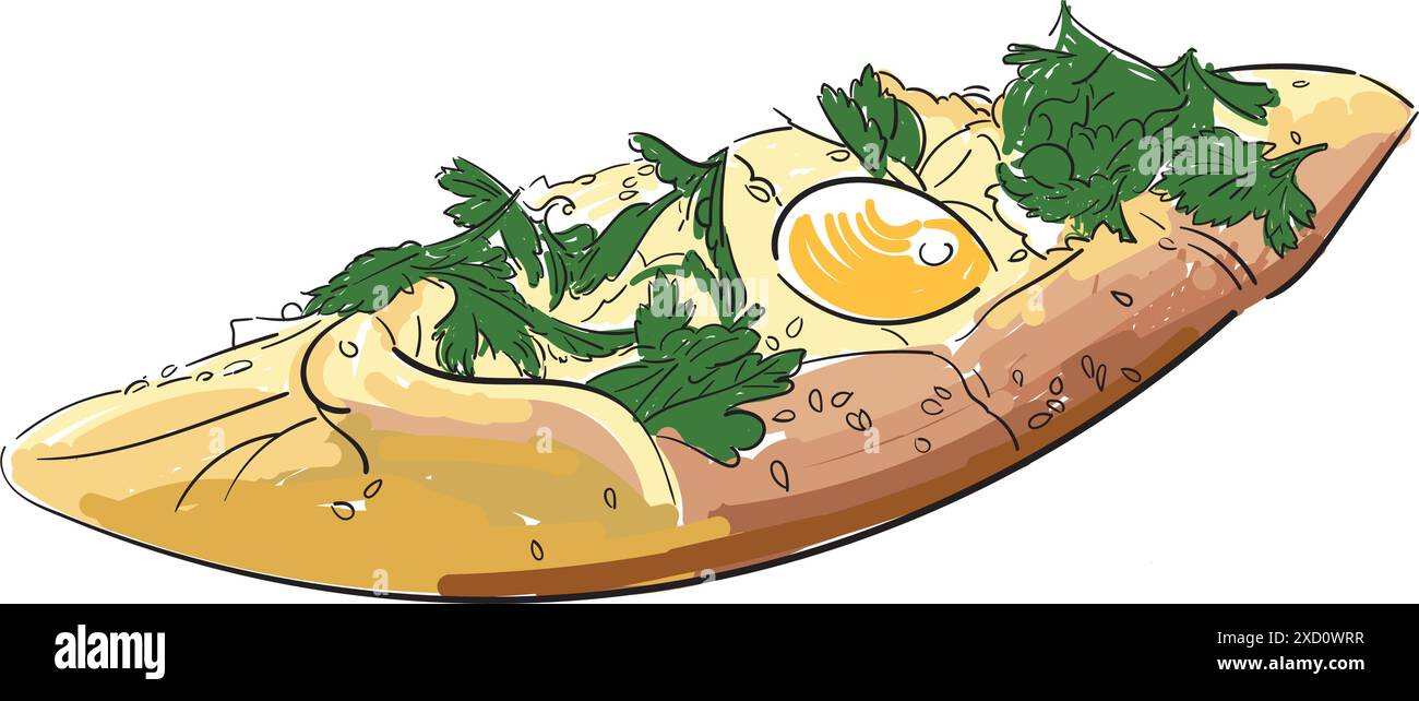 traditional boat pie with cheese and egg hand drawn isolated on white ...