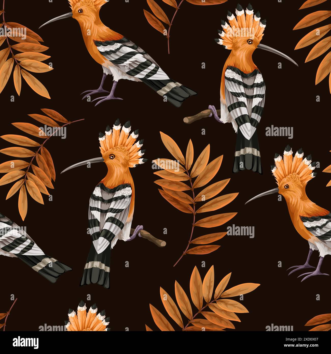Seamless pattern with hoopoe birds and leaves. Vector Stock Vector ...