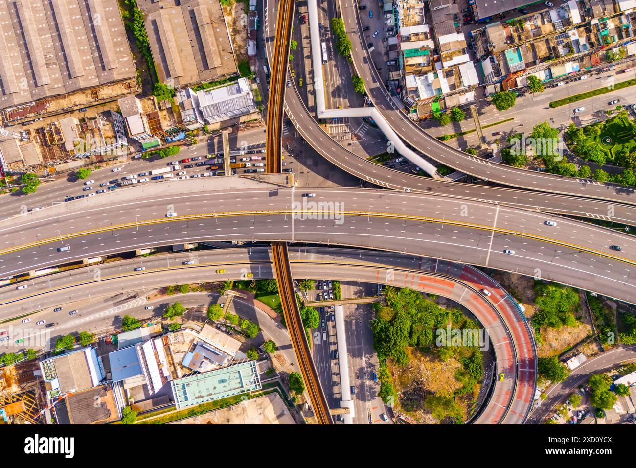 Aerial drone top view multi level junction interchange between highway ...