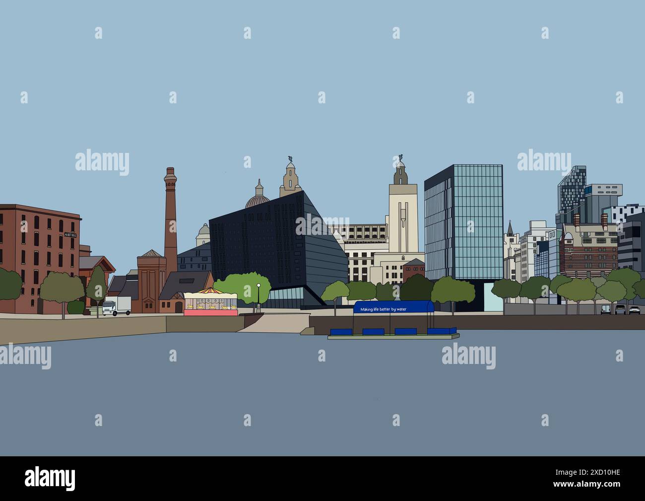 A4 Illustration of Liverpool Waterfront, Albert Dock, Skyline, Royal ...
