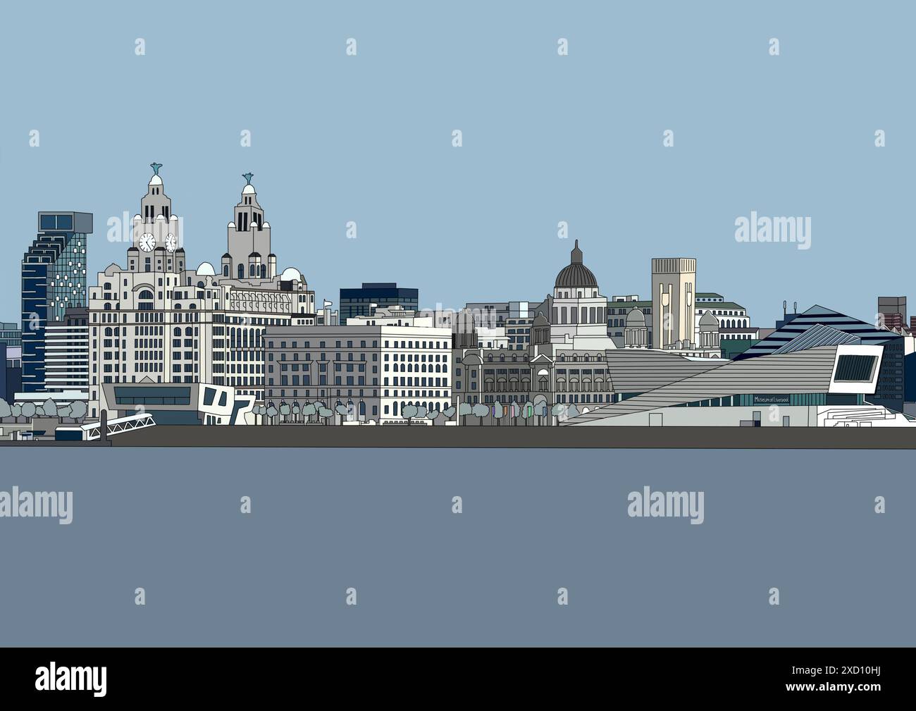 A4 Illustration of Liverpool Waterfront, Albert Dock, Skyline, Royal ...