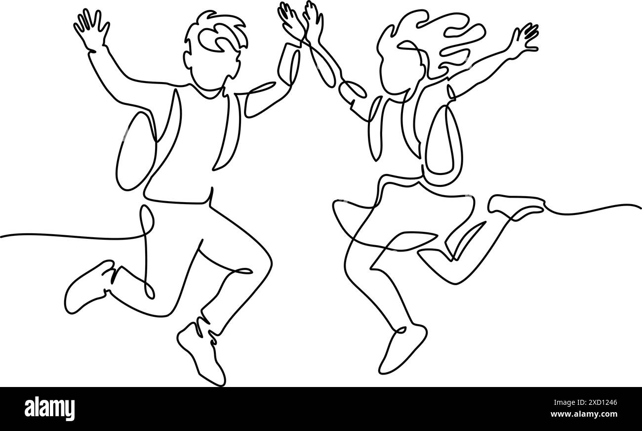 Happy boy and girl pupils with backpacks jumping. Continuous one line ...