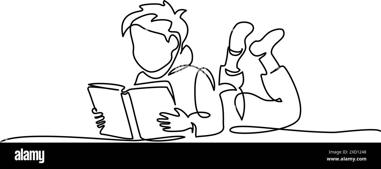 Happy Boy reading open book laying on floor. Continuous one line Stock ...
