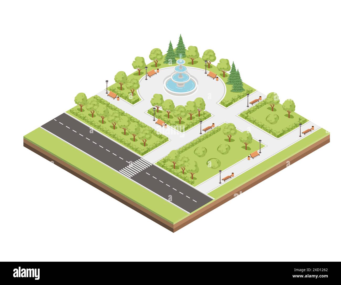 Isometric city park landscape design concept with an asphalt road and a ...