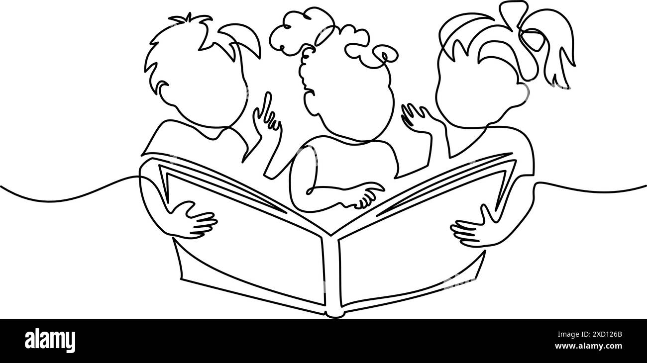 Happy kids girls and boy reading big opened book. Education and back to ...
