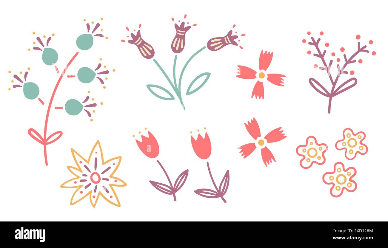 Colorful various simple flowers and leaves in a vector illustration on ...