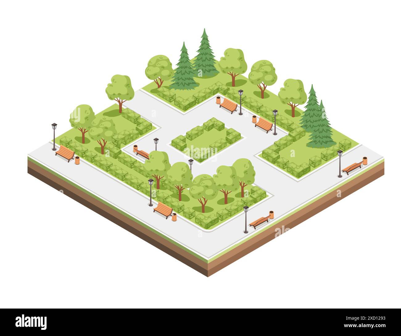 Isometric city park landscape design concept with benches and bushes in ...