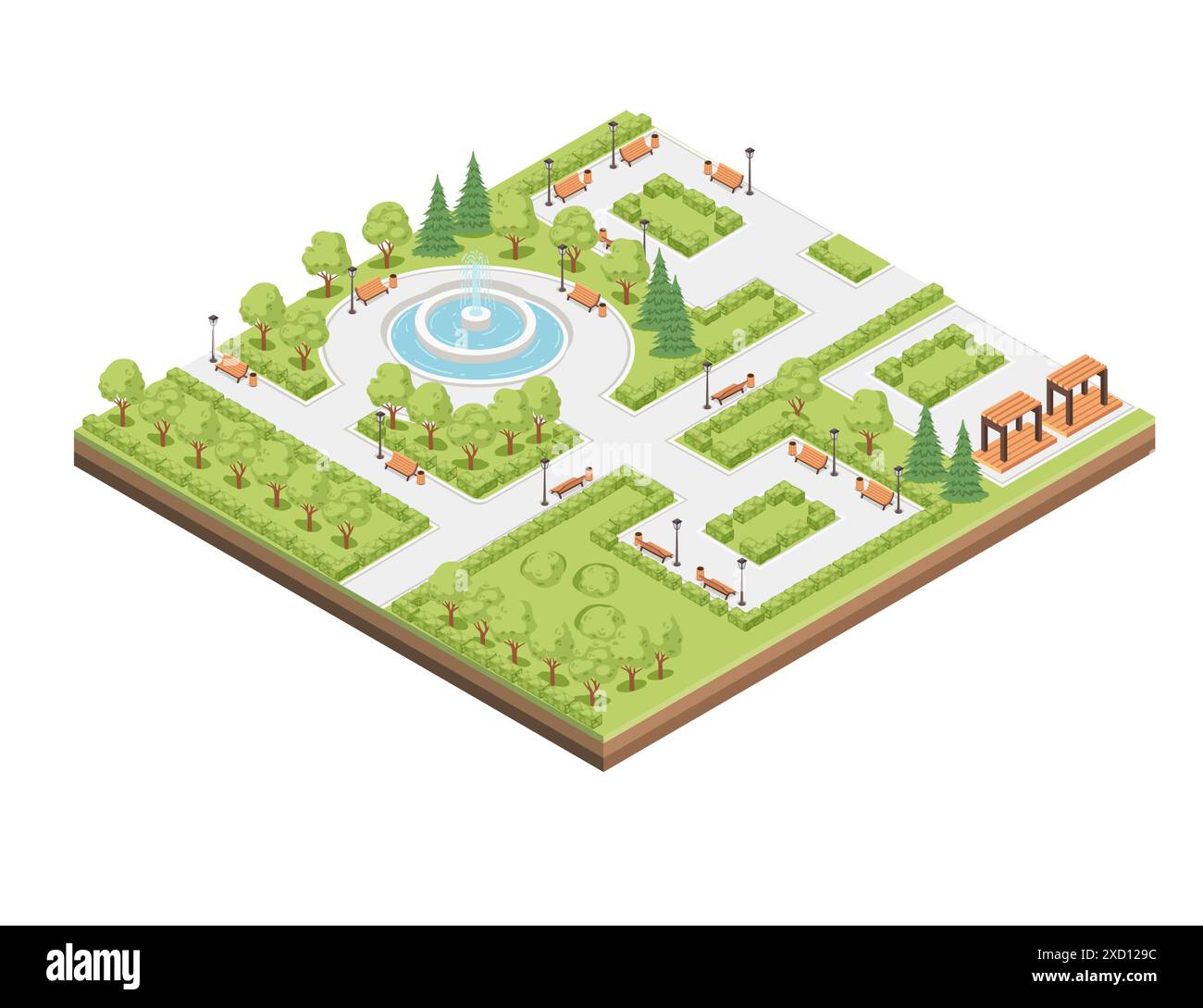 Isometric city park landscape design concept with water fountain vector ...