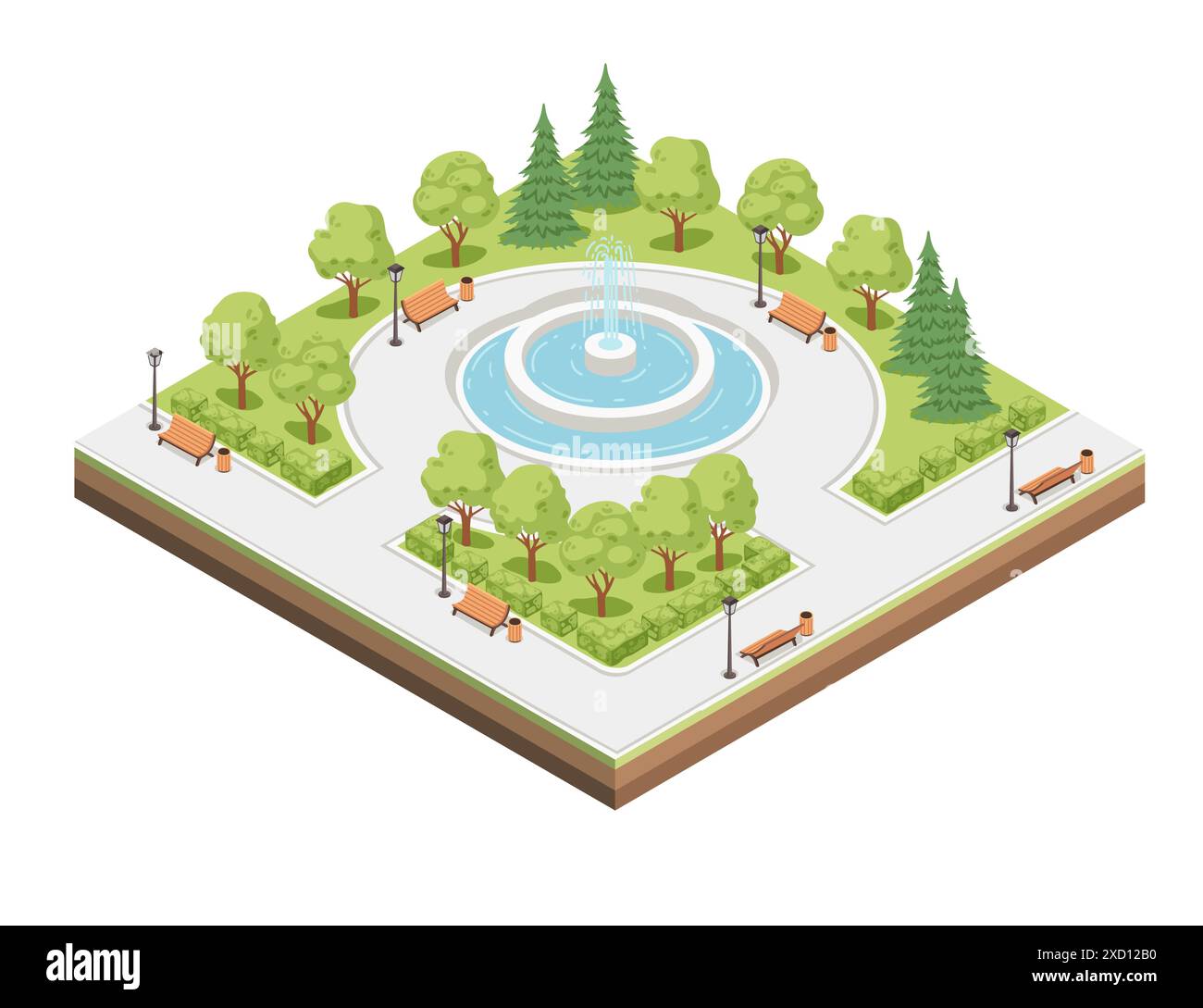 Isometric city park landscape design concept with water fountain vector ...
