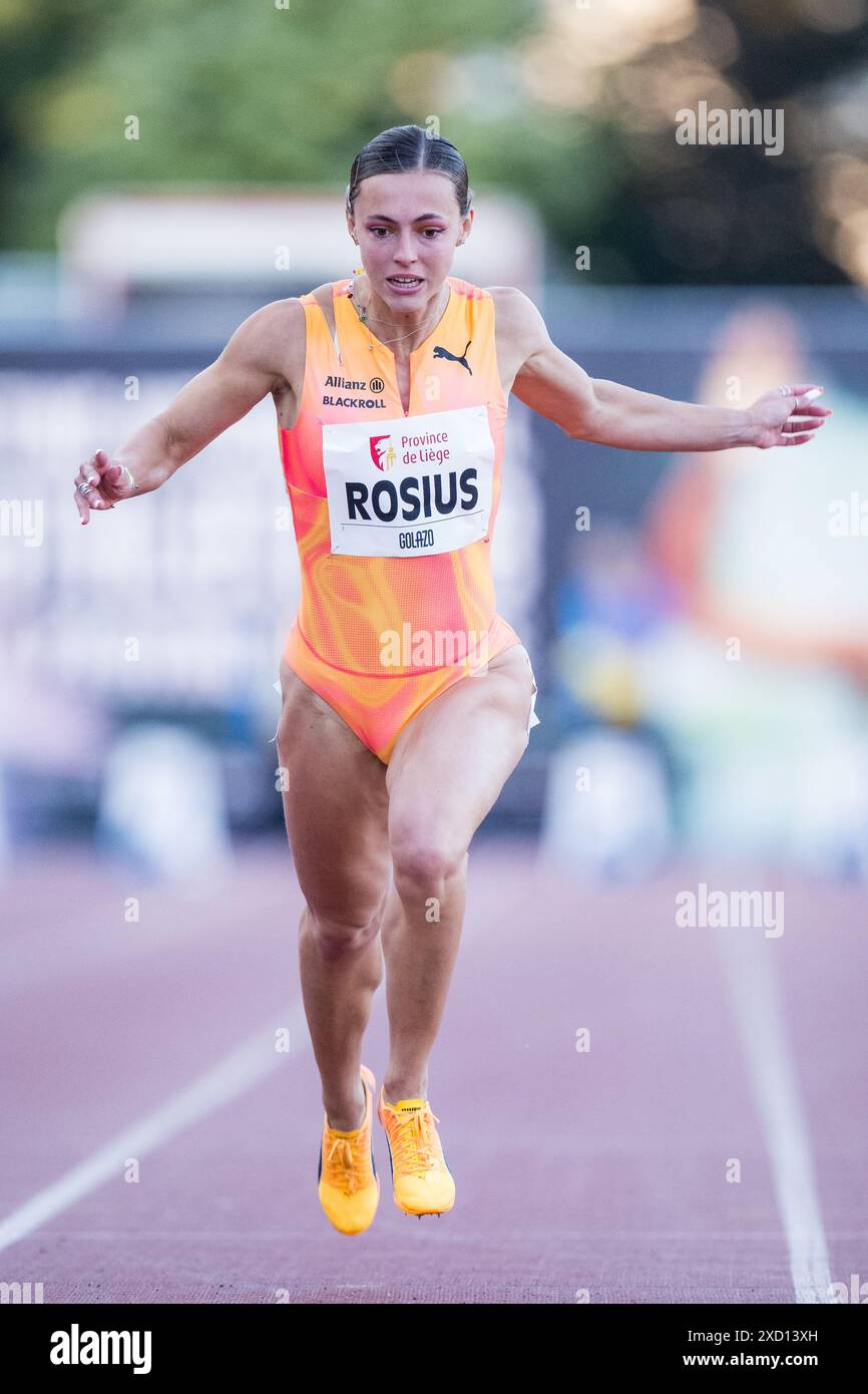 Liege, Belgium. 19th June, 2024. Belgian Rani Rosius pictured in action during the 100m race, at ...