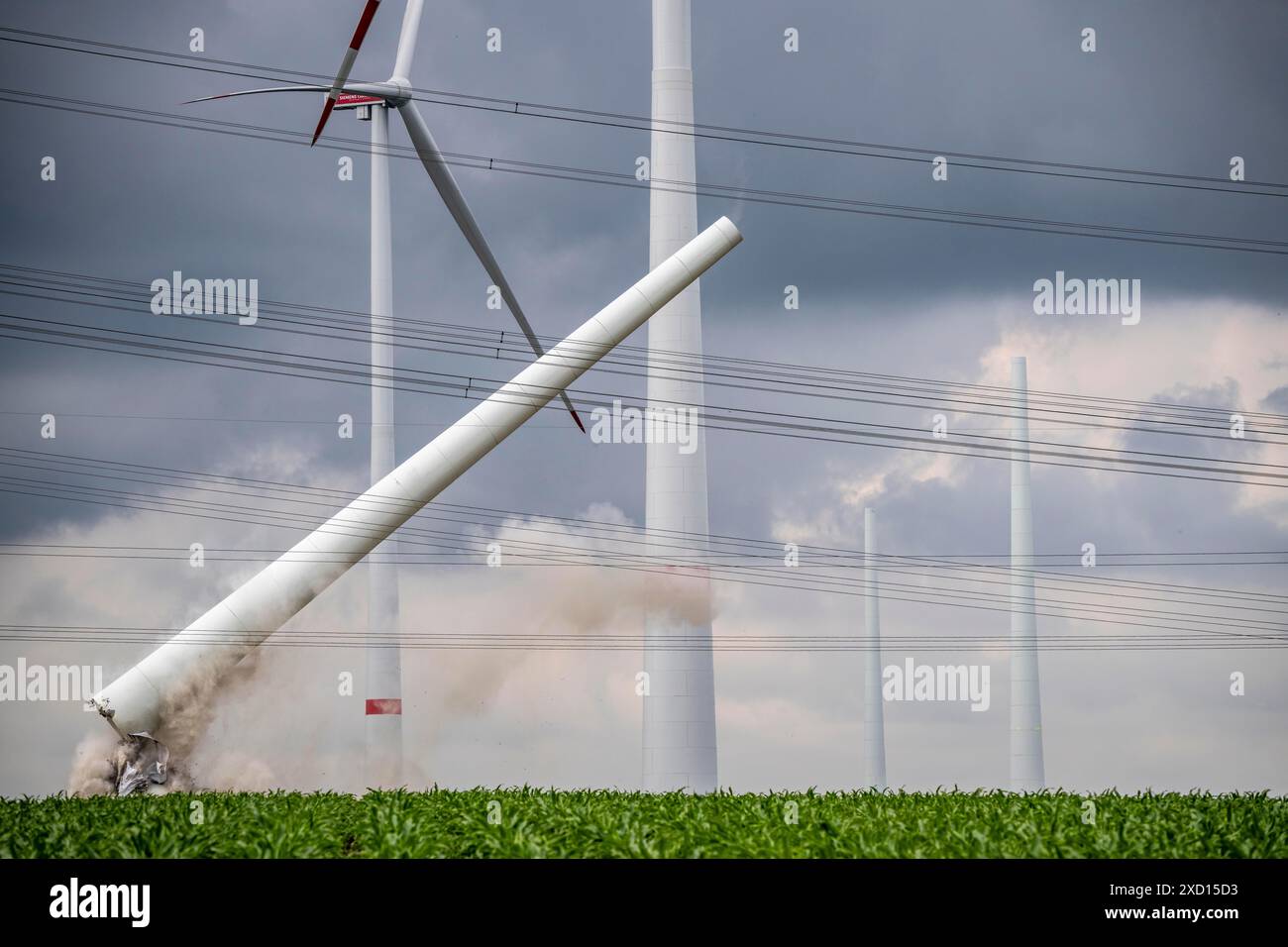 Demolition of the tower of a 20 year old wind turbine, in the Werl wind ...