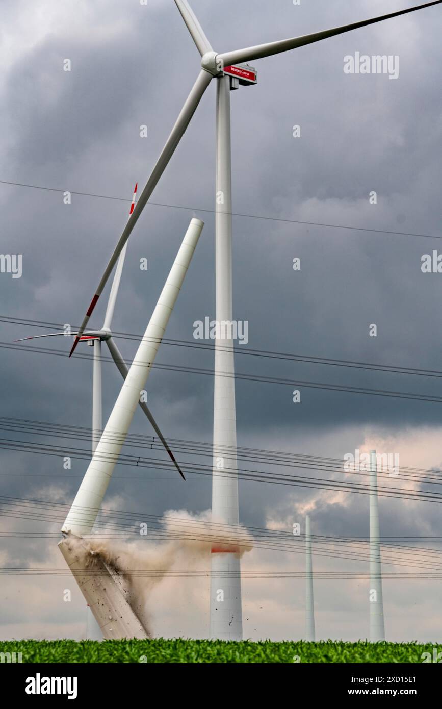 Demolition of the tower of a 20 year old wind turbine, in the Werl wind ...
