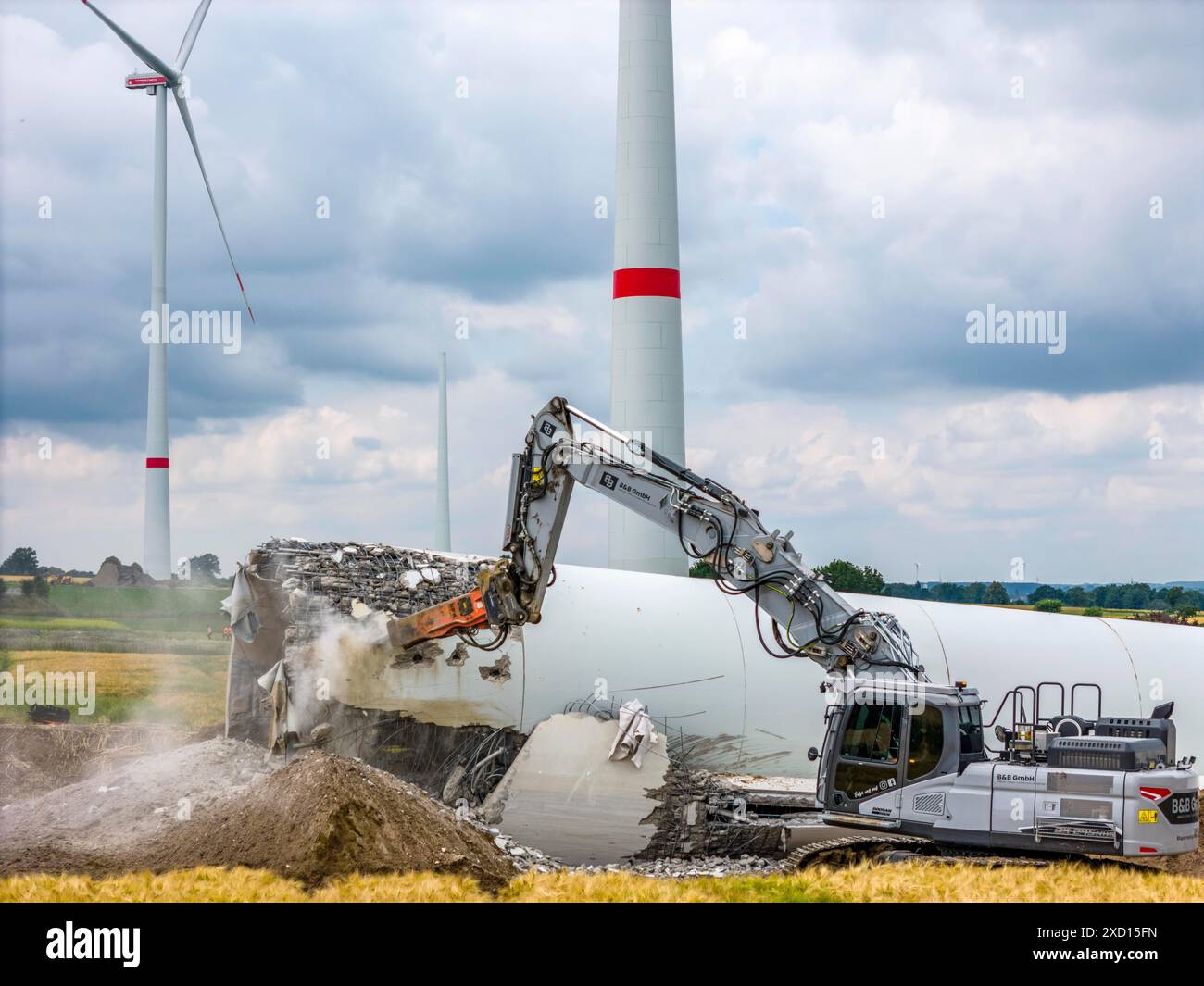 Demolished tower of a 20 year old wind turbine, in the Werl wind farm ...