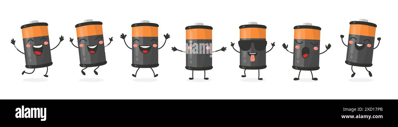 Flat Vector Cartoon Cute and Funny Battery Character. Dancing, Smiling ...