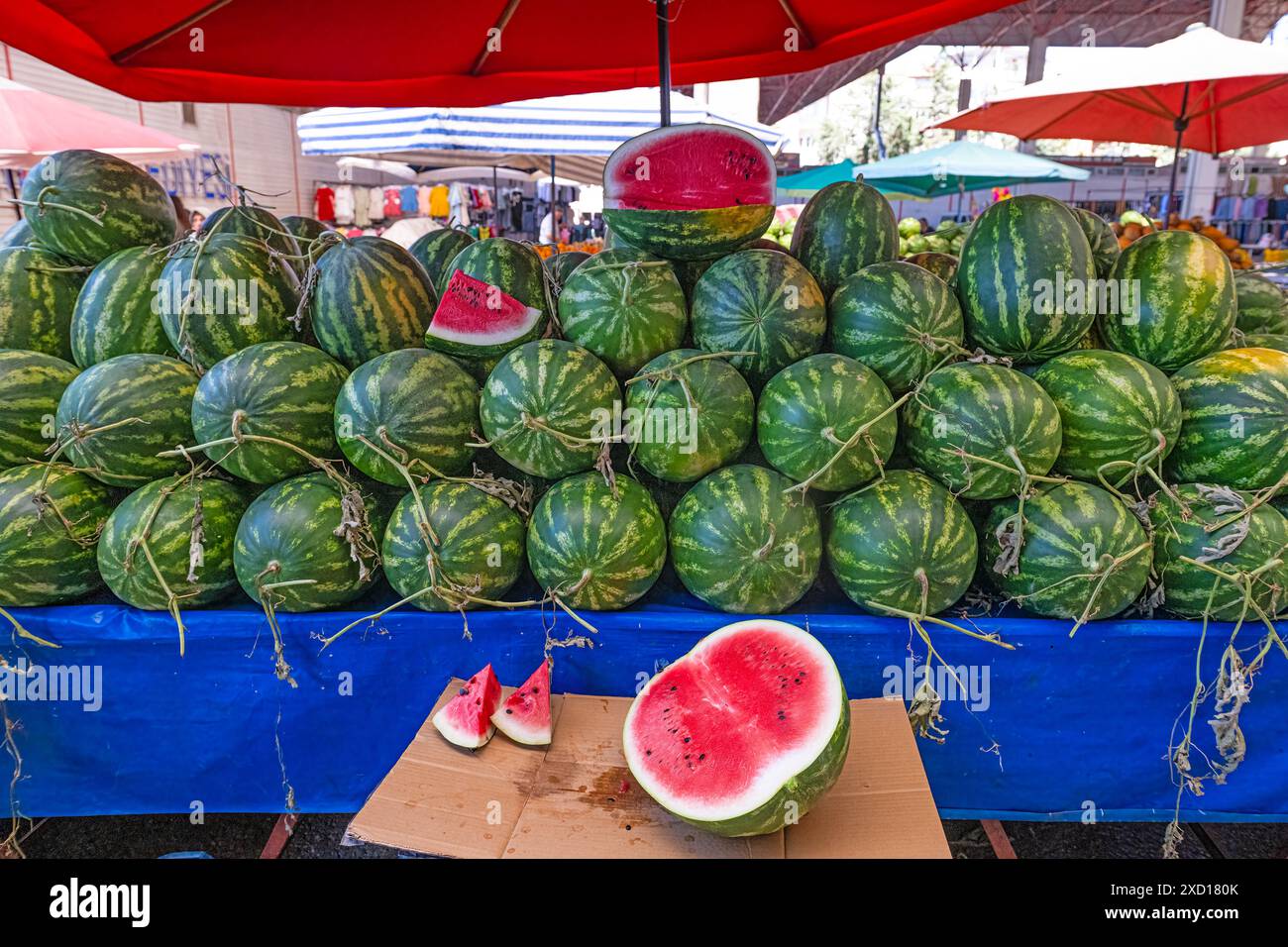 Watermelons on the stall of a watermelon seller in the market Stock ...