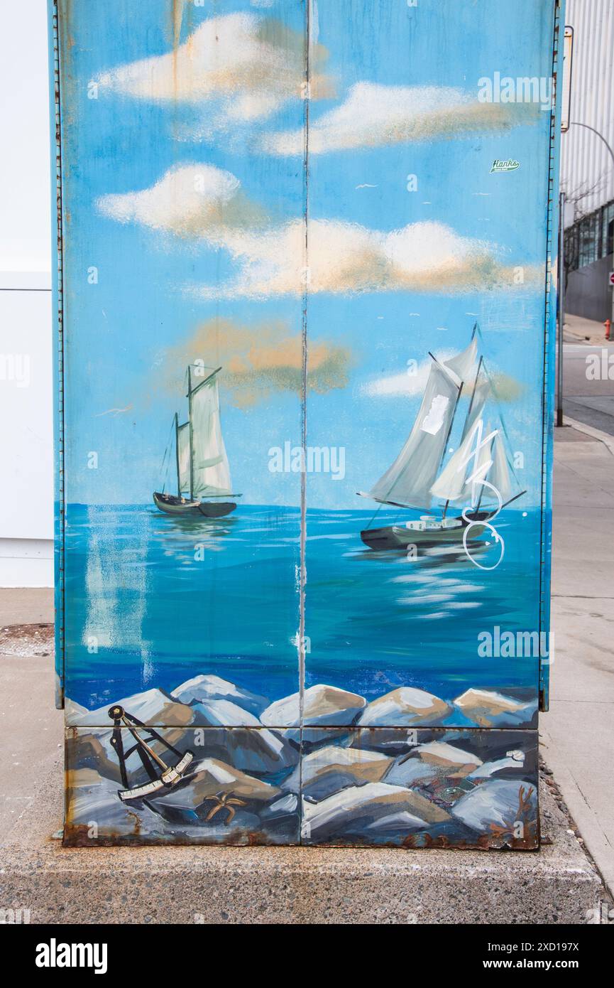 Bluenose mural on an electrical box at the waterfront boardwalk in ...