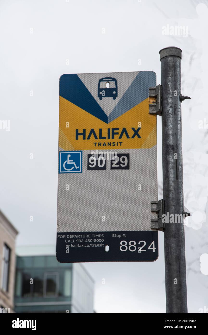 Transit sign at a bus stop in downtown Halifax, Nova Scotia, Canada ...