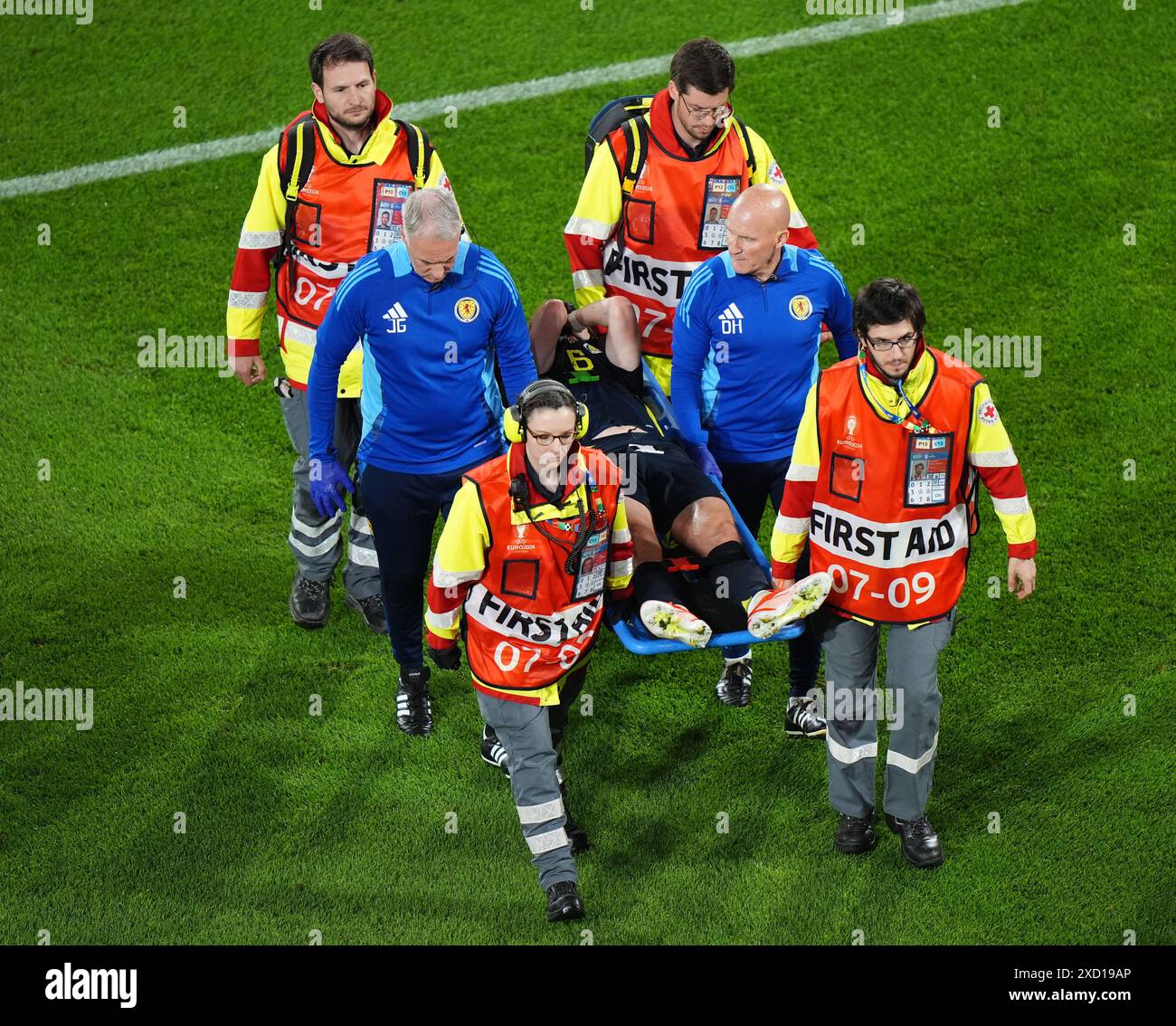 Scotland's Kieran Tierney is carried off the pitch on a stretcher after ...