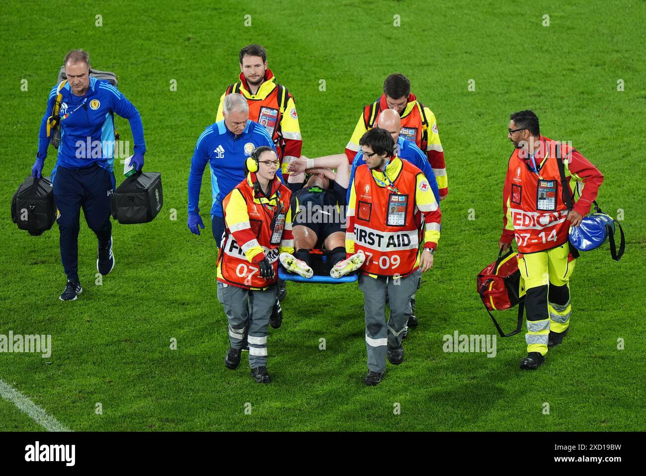 Scotland's Kieran Tierney is carried off the pitch on a stretcher after ...