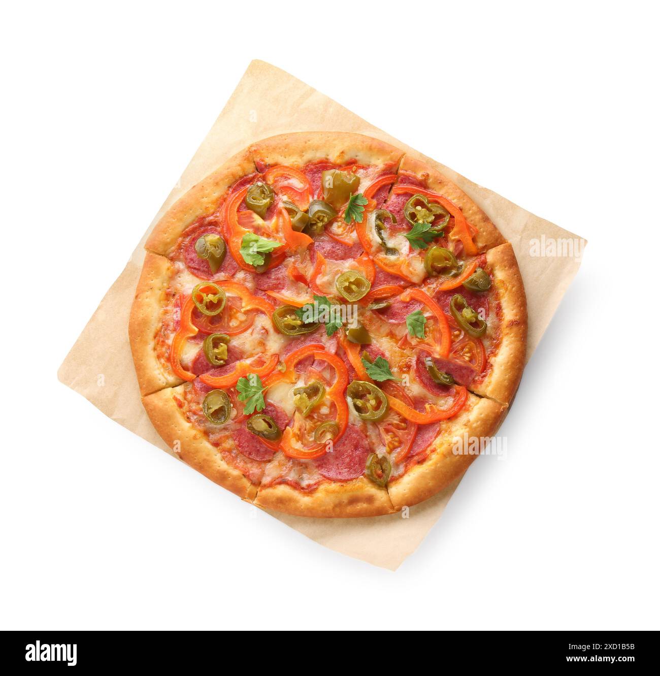 Delicious hot pizza Diablo isolated on white, top view Stock Photo - Alamy
