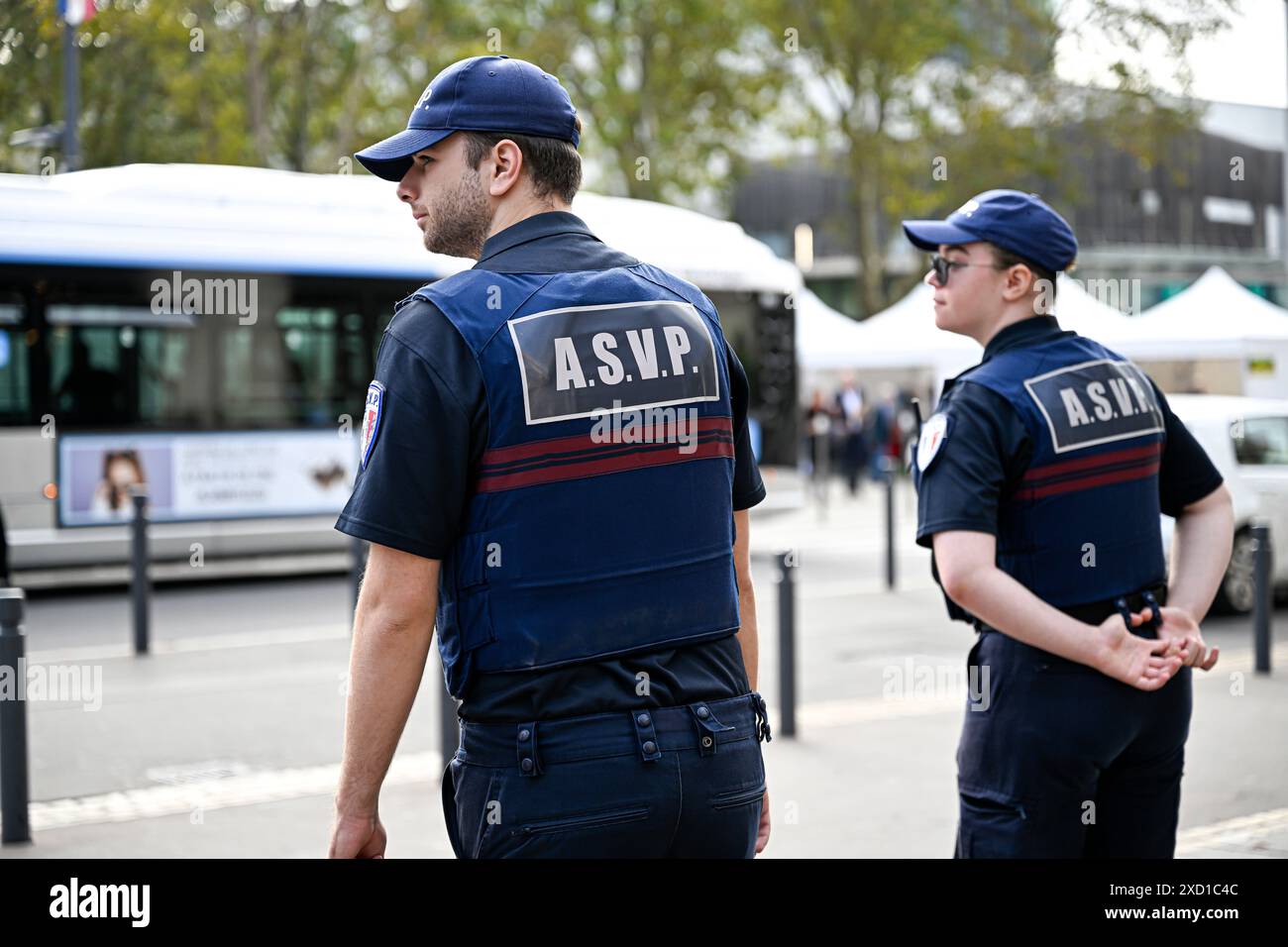 Paris, France. 12th June, 2024. Police officers with uniform ensuring ...