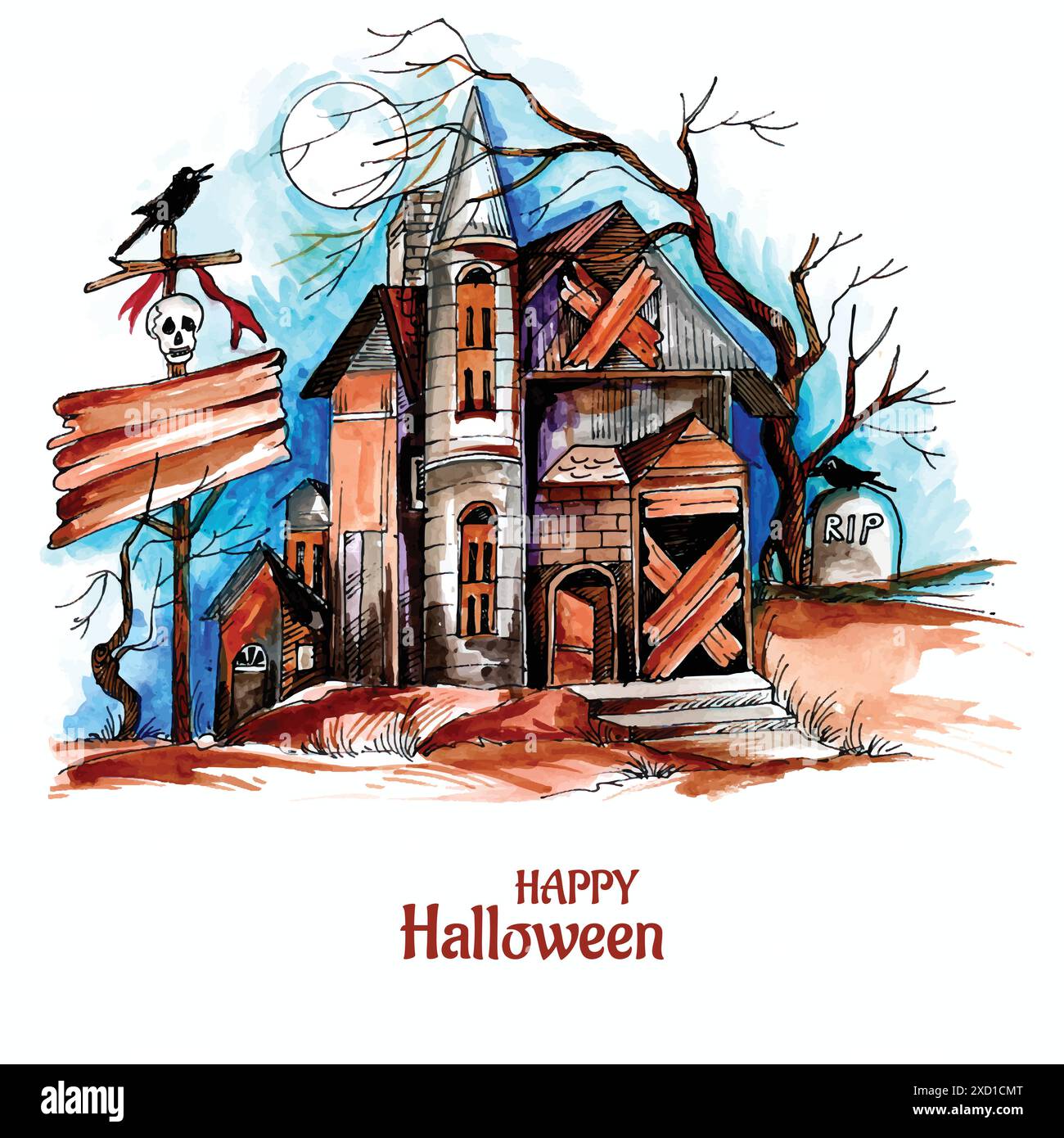 Halloween spooky house watercolor background Stock Vector Image & Art ...