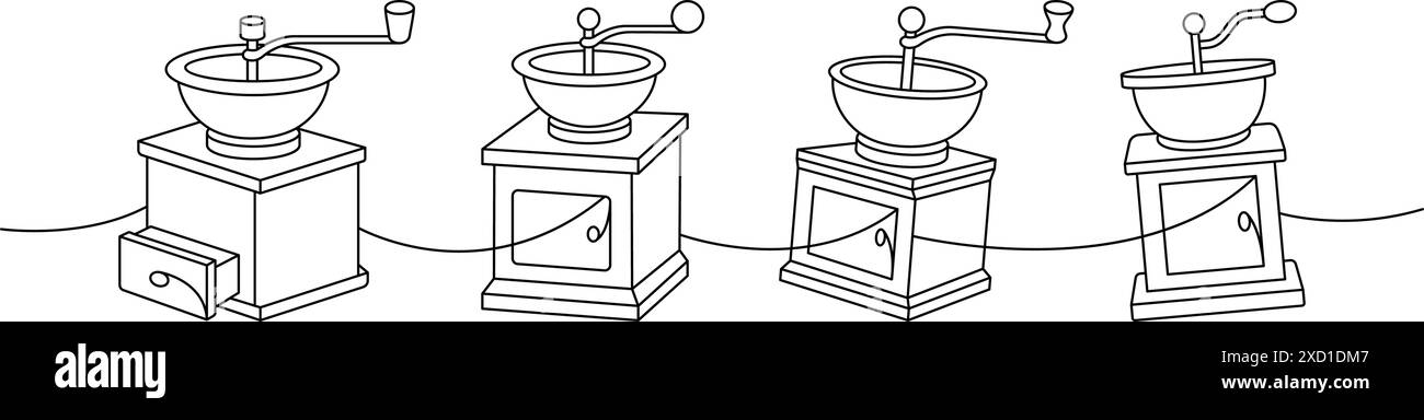 Coffee grinders one line continuous drawing. Hand drawn elements for ...