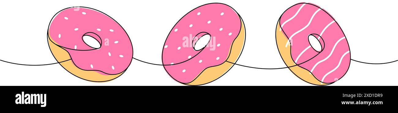 Donut set. Take away donuts one line colored continuous drawing. Bakery ...