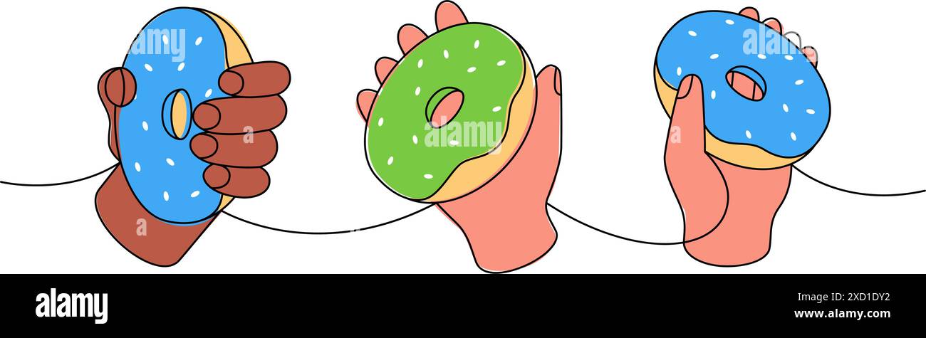 Hands holding donuts one line colored continuous drawing. Bakery sweet ...