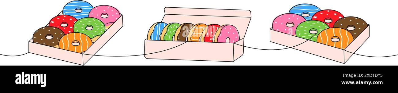 Set of box donuts one line colored continuous drawing. Bakery sweet ...