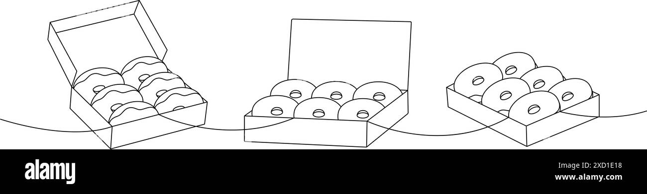 Box donuts one line continuous drawing. Bakery sweet pastry food ...