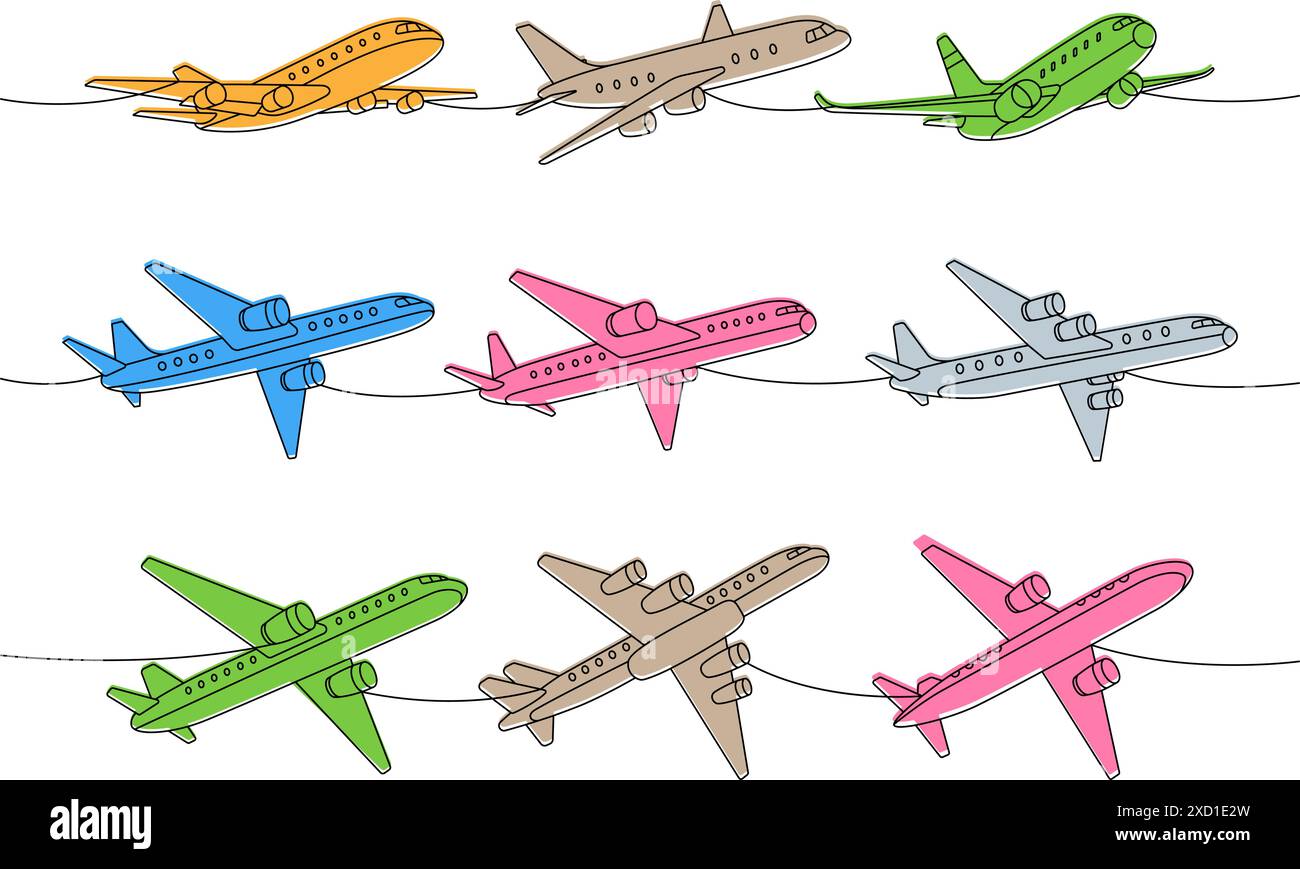 Jet airplane set. Air transport one line colored continuous drawing ...