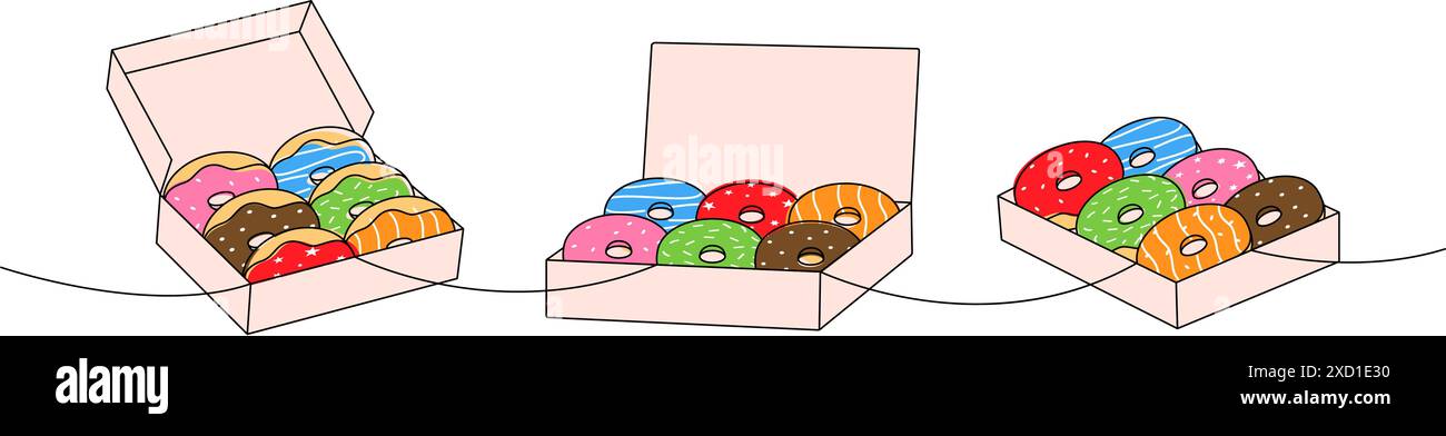 Box donuts one line colored continuous drawing. Bakery sweet pastry ...