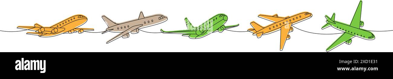 Airplane set. Air transport one line colored continuous drawing ...