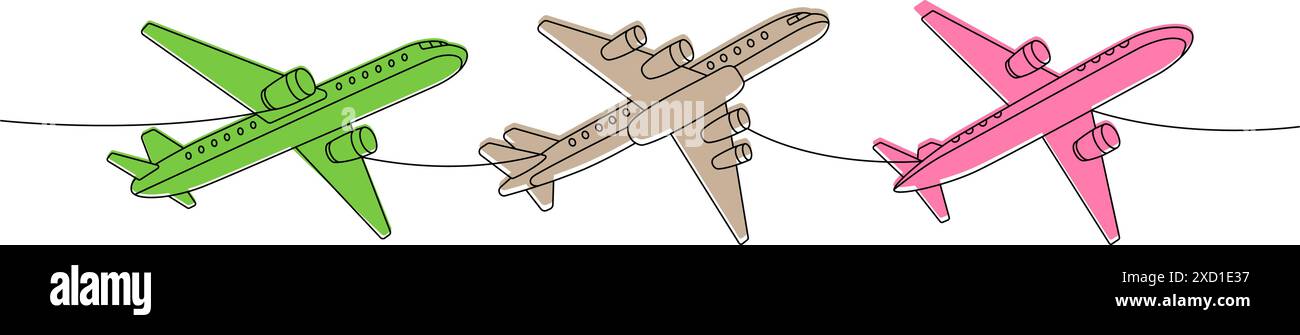 Jet airplane set. Passenger airplanes one line colored continuous ...