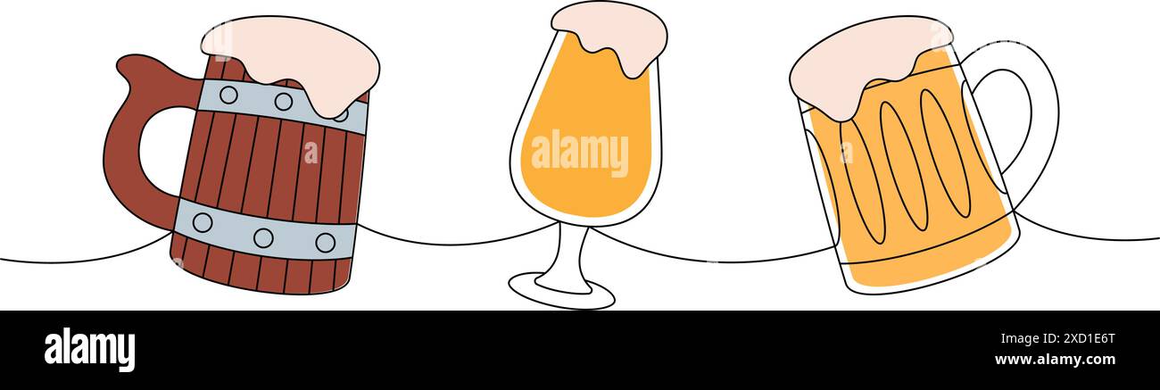 Beer mugs one line colored continuous drawing. Beer pub products ...