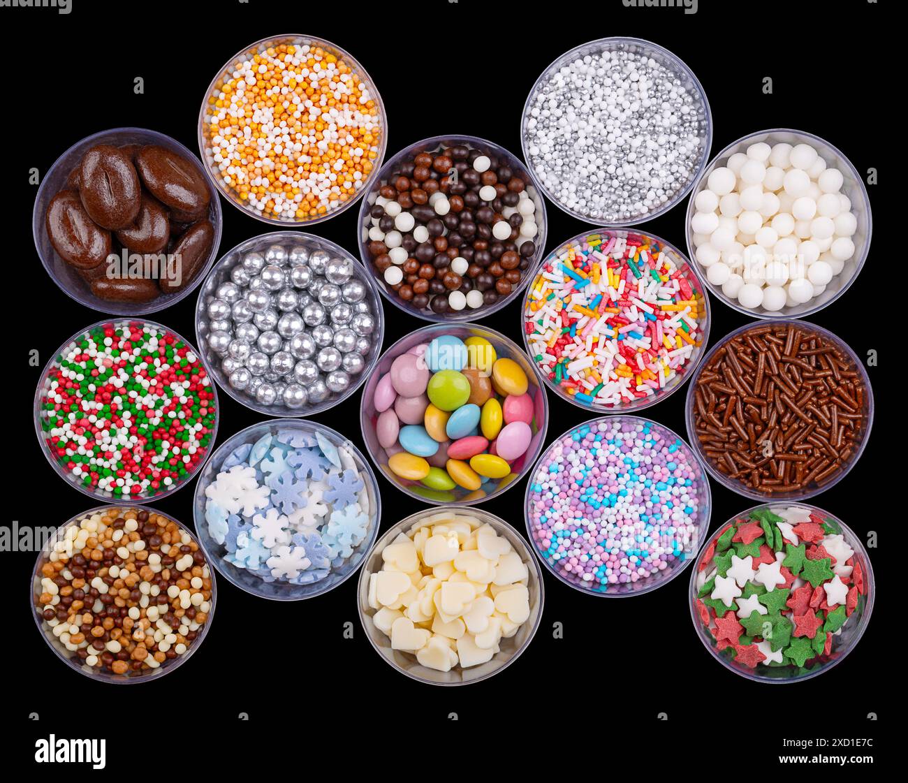 Colorful sugar and chocolate sprinkles, nonpareils in plastic cups ...