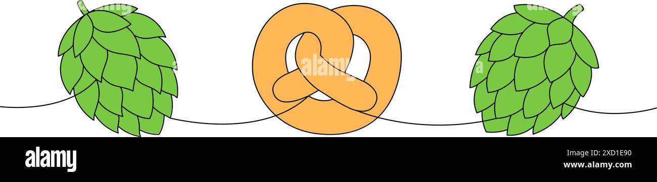 Bagel, hop cones one line colored continuous drawing. Beer pub products ...
